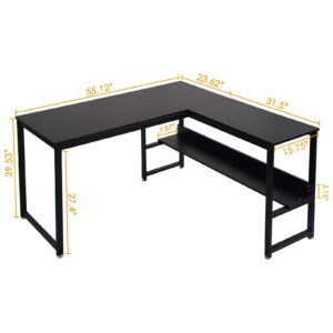 NSdirect L-Shaped Desk,Corner Computer Desk for Home Office Black Large L Desk for Gaming Big Table with Bookshelf,Space-Saving Workstation,Black