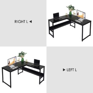 NSdirect L-Shaped Desk,Corner Computer Desk for Home Office Black Large L Desk for Gaming Big Table with Bookshelf,Space-Saving Workstation,Black