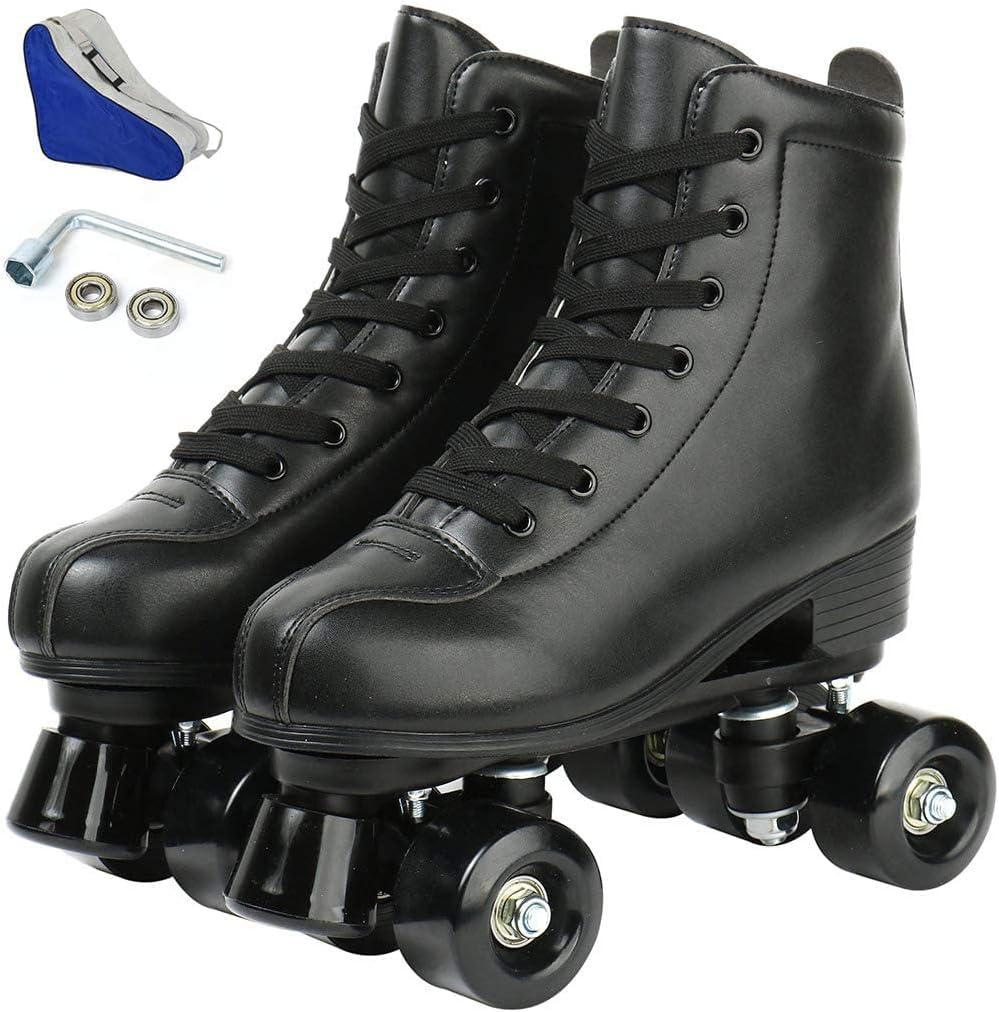 jessie Leather Roller Skates Roller Skates for Women Outdoor and Indoor Adjustable Four-Wheel Premium Roller Skates for Women Men Boys and Girls (Black wheel,8.5)