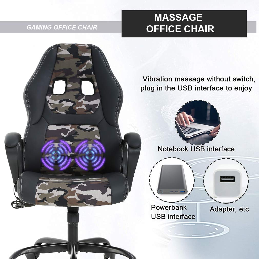 Racing Gaming Chair Home Office Chair Ergonomic Desk Chair Massage PU Leather Computer Chair with Lumbar Support Headrest Armrest Task Rolling Swivel Chair for Adults(Camo)