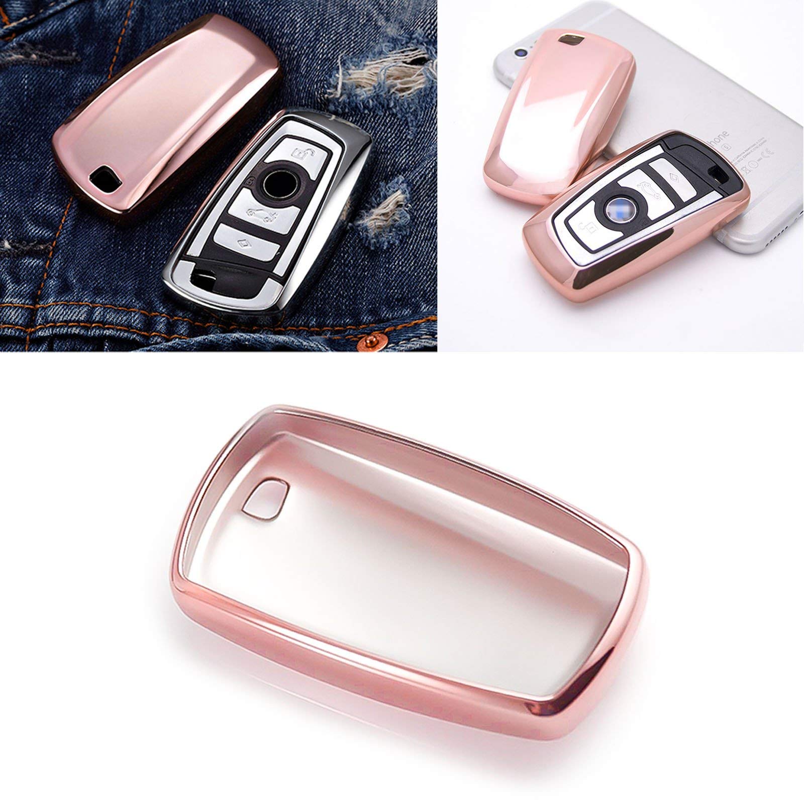 Xotic Tech Rose Gold Soft TPU Key Fob Shell Skin Cover, Compatible with BMW 1 2 3 5 6 7 Series X1 X3 X4 X5 X6 M Models GT3 GT5 F12 F20 F21 F22 F25 F30 F31 GT3 GT5 Z4 Smart Keyless Entry Key