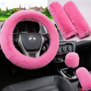 pinbola 5pcs in 1 set faux wool steering wheel cover soft fluffy handbrake cover & gear shift cover & 2pcs seat belt shoulder pads warm universal fit for 15 inch (pink)