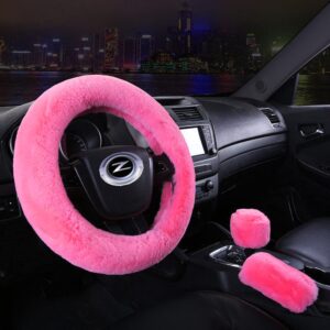 Pinbola 5pcs in 1 Set Faux Wool Steering Wheel Cover Soft Fluffy Handbrake Cover & Gear Shift Cover & 2pcs Seat Belt Shoulder Pads Warm Universal Fit for 15 Inch (Pink)