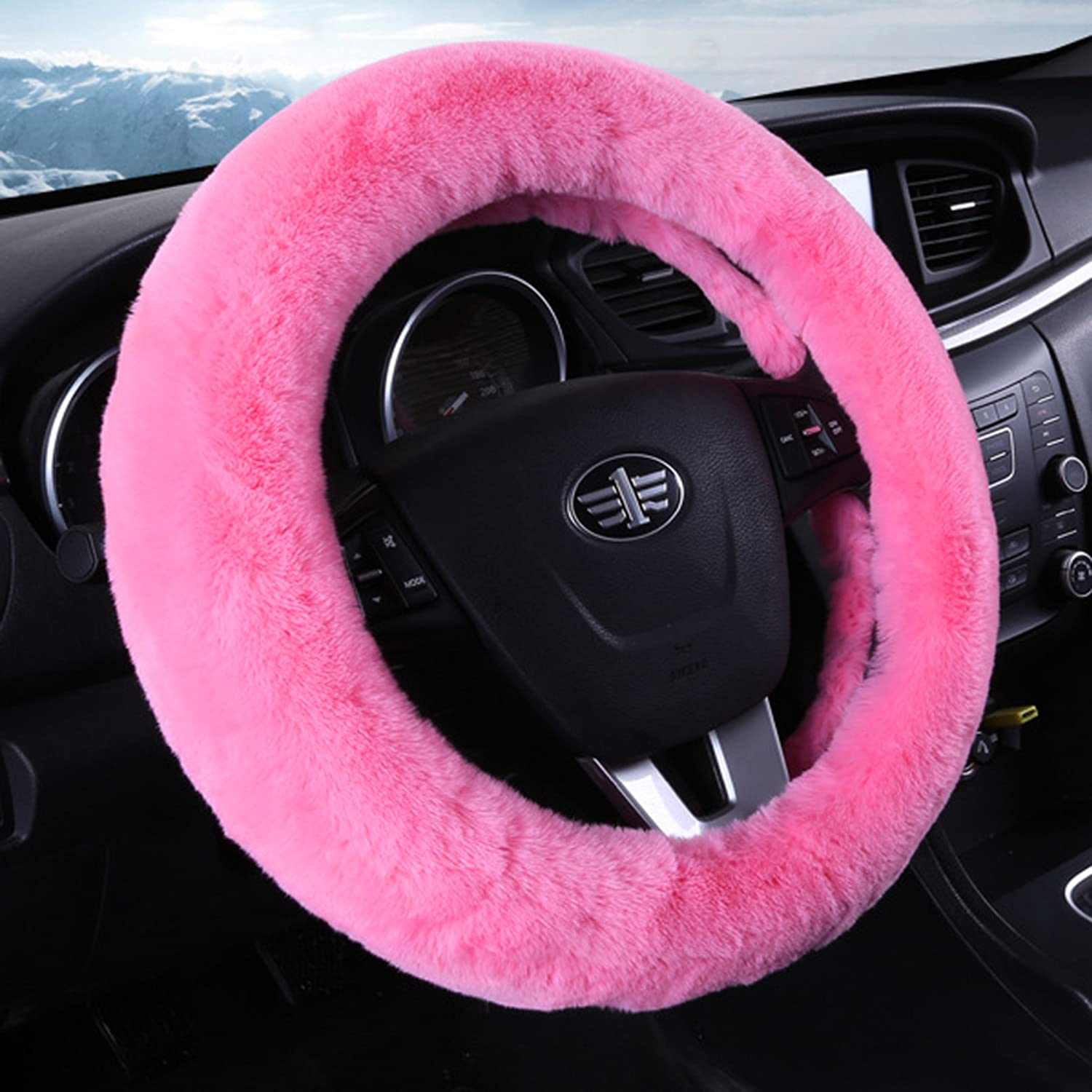 Pinbola 5pcs in 1 Set Faux Wool Steering Wheel Cover Soft Fluffy Handbrake Cover & Gear Shift Cover & 2pcs Seat Belt Shoulder Pads Warm Universal Fit for 15 Inch (Pink)