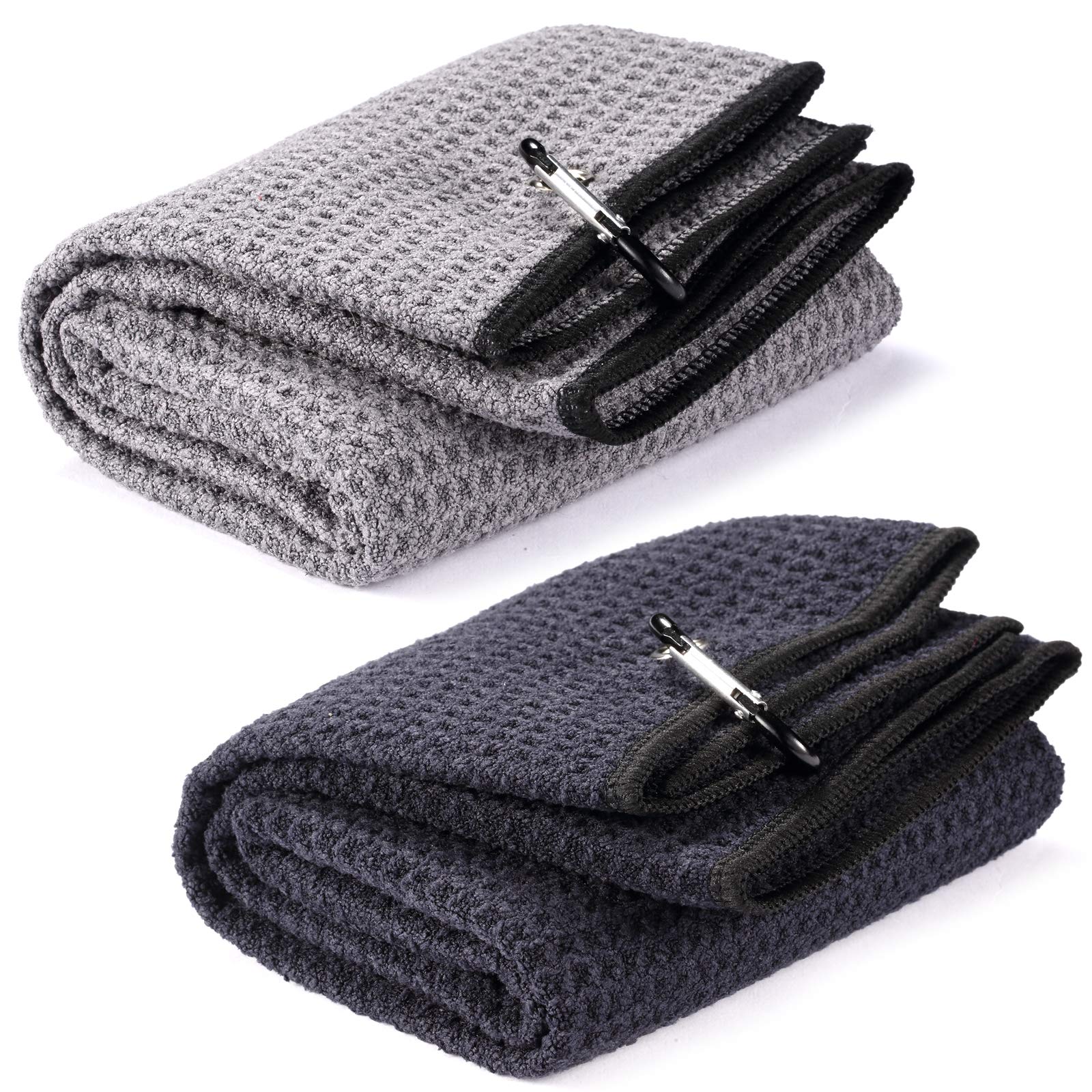 Fpxnb 2 Pack 16" x 24" Tri-fold Golf Towel Set, Microfiber Fabric Waffle Pattern Towels, Heavy Duty Carabiner Clip (2 Pcs, 2 Colors)