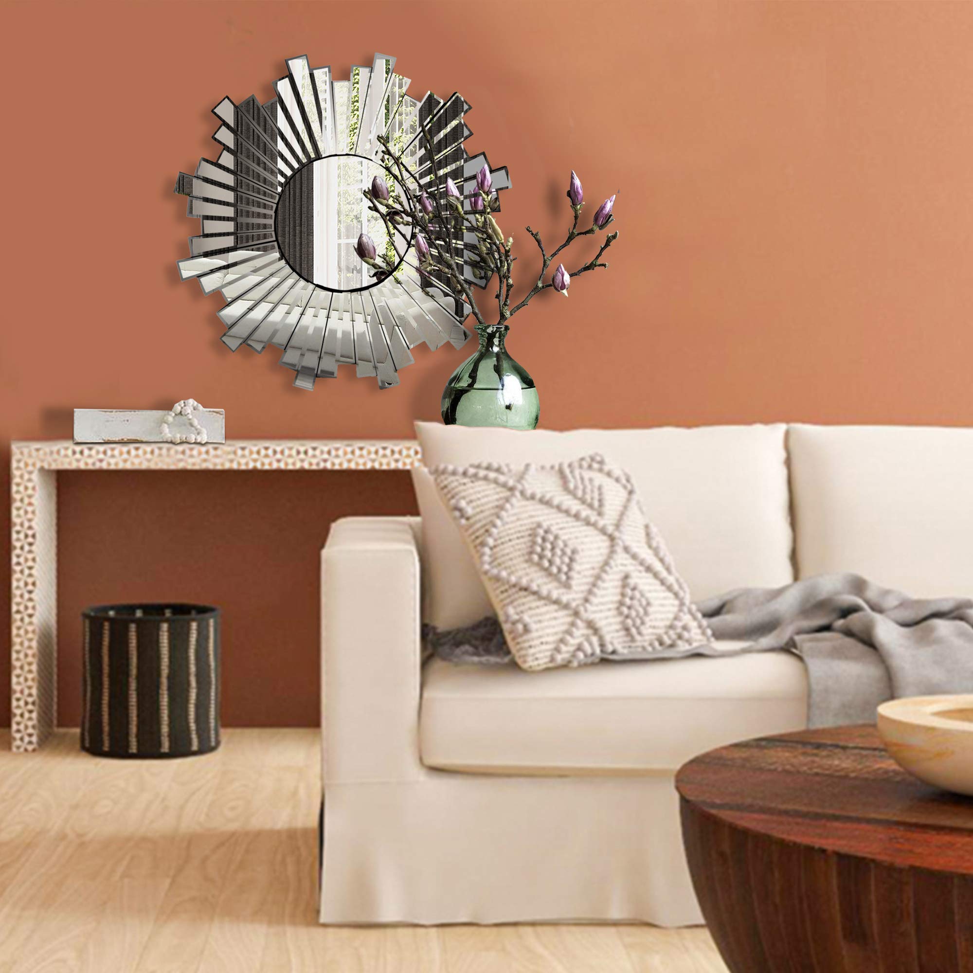 The Urban Port 28 Inch Round Floating Wall Mirror with Sunburst Design Frame