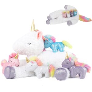 tezituor 24 inches unicorn plush toy set for girls,4 colorful unicorns in mommy unicorn’s belly,unique stuffed unicorns gifts for children.