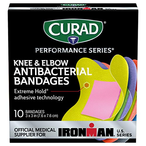 CURAD Performance Series IRONMAN Antibacterial Bandages, Extreme Hold Adhesive Technology, Knee & Elbow 3 inches x 3 inches, 10 Count, Ideal for Cuts, Scrapes, Sports, and Active Lifestyles