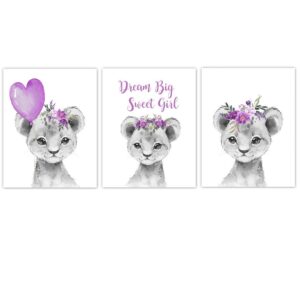 baby girl nursery art purple floral lion safari animals wall decor 3 unframed prints