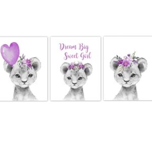 Baby Girl Nursery Art Purple Floral Lion Safari Animals Wall Decor 3 UNFRAMED PRINTS