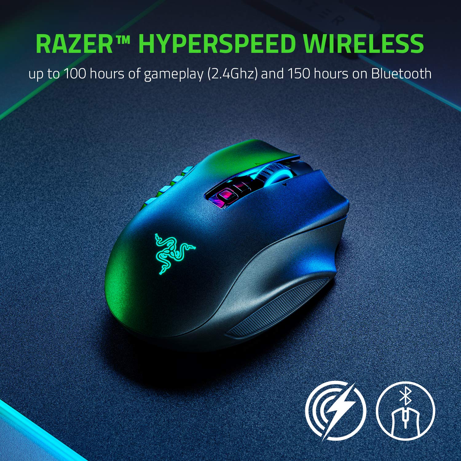 Razer Naga Pro Wireless Gaming Mouse: Interchangeable Side Plate w/ 2, 6, 12 Button Configurations - Focus+ 20K DPI Optical Sensor - Fastest Gaming Mouse Switch - Chroma RGB Lighting (Renewed)