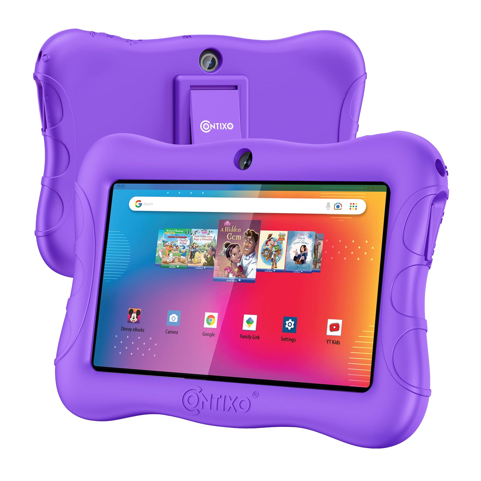 Contixo 7" Android Kids Tablet 32GB, Includes 50+ Disney Storybooks & Stickers (Value $200), Protective Case with Kickstand, (2023 Model) - Purple