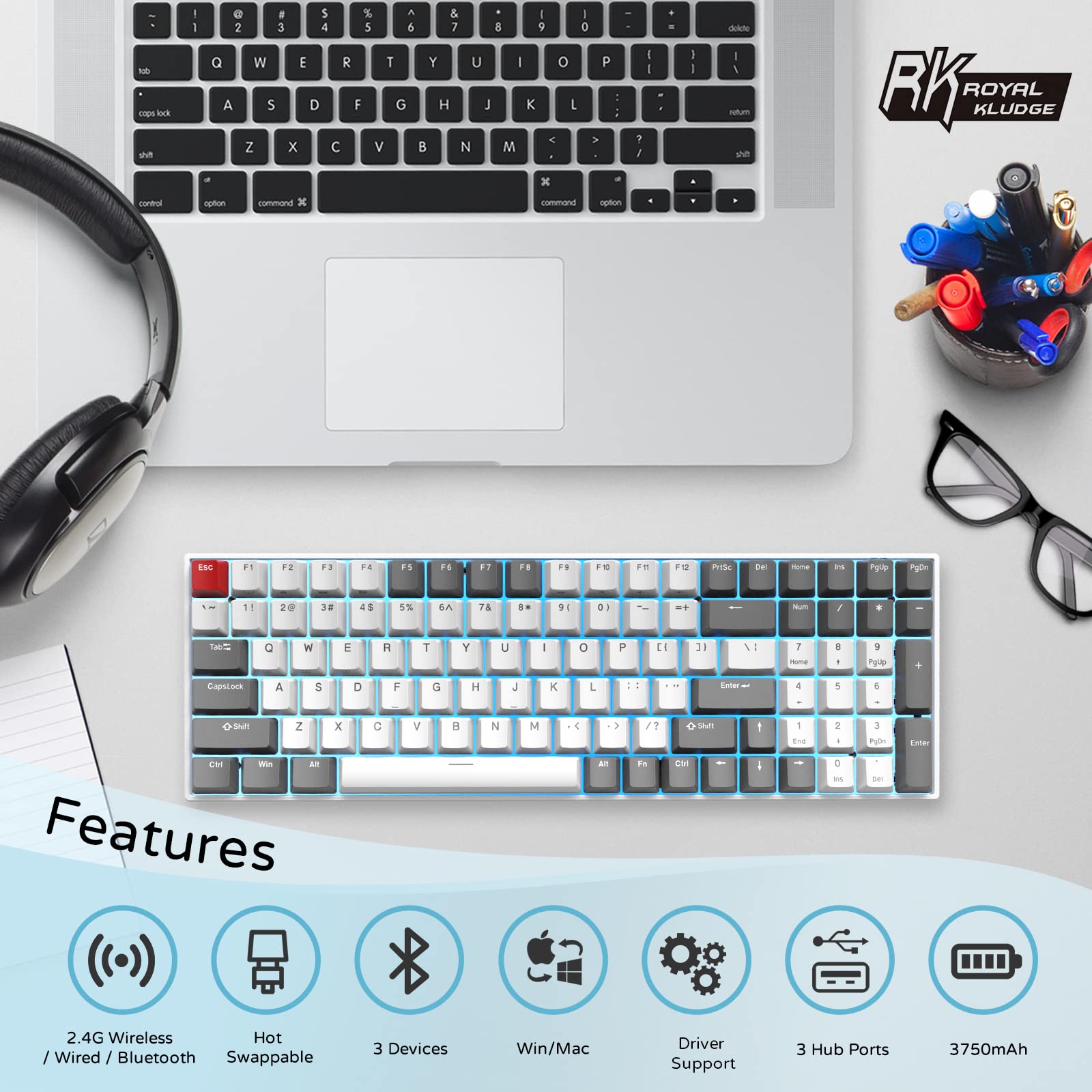 RK ROYAL KLUDGE RK100 Wireless Mechanical Keyboard RGB Backlit Bluetooth5.1/2.4G/Wired 96% Full Size 100-Key Hot Swappable Gaming Keyboard Red Switch Classic