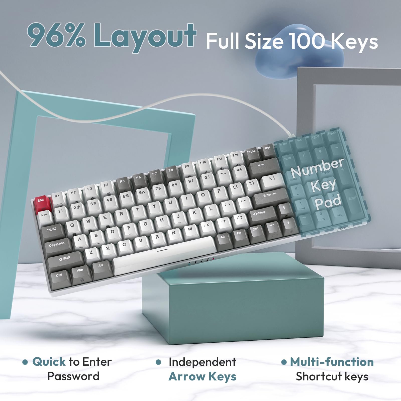 RK ROYAL KLUDGE RK100 Wireless Mechanical Keyboard RGB Backlit Bluetooth5.1/2.4G/Wired 96% Full Size 100-Key Hot Swappable Gaming Keyboard Red Switch Classic