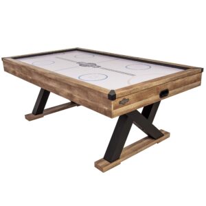 american legend kirkwood 84” air powered hockey table with rustic wood finish, k-shaped legs and modern design