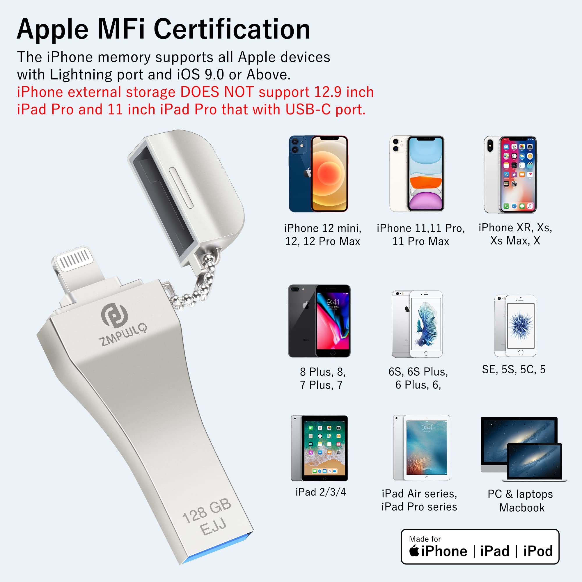 PL ZMPWLQ Apple MFi Certified Backup Photos-Stick 128GB for iPhone Photo Storage-External-Thumb-Drive USB-Flash-Drive-for-iPhone Backup Drive iPad Photo Device Memory Stick for iPhone iPad PC 1pcs