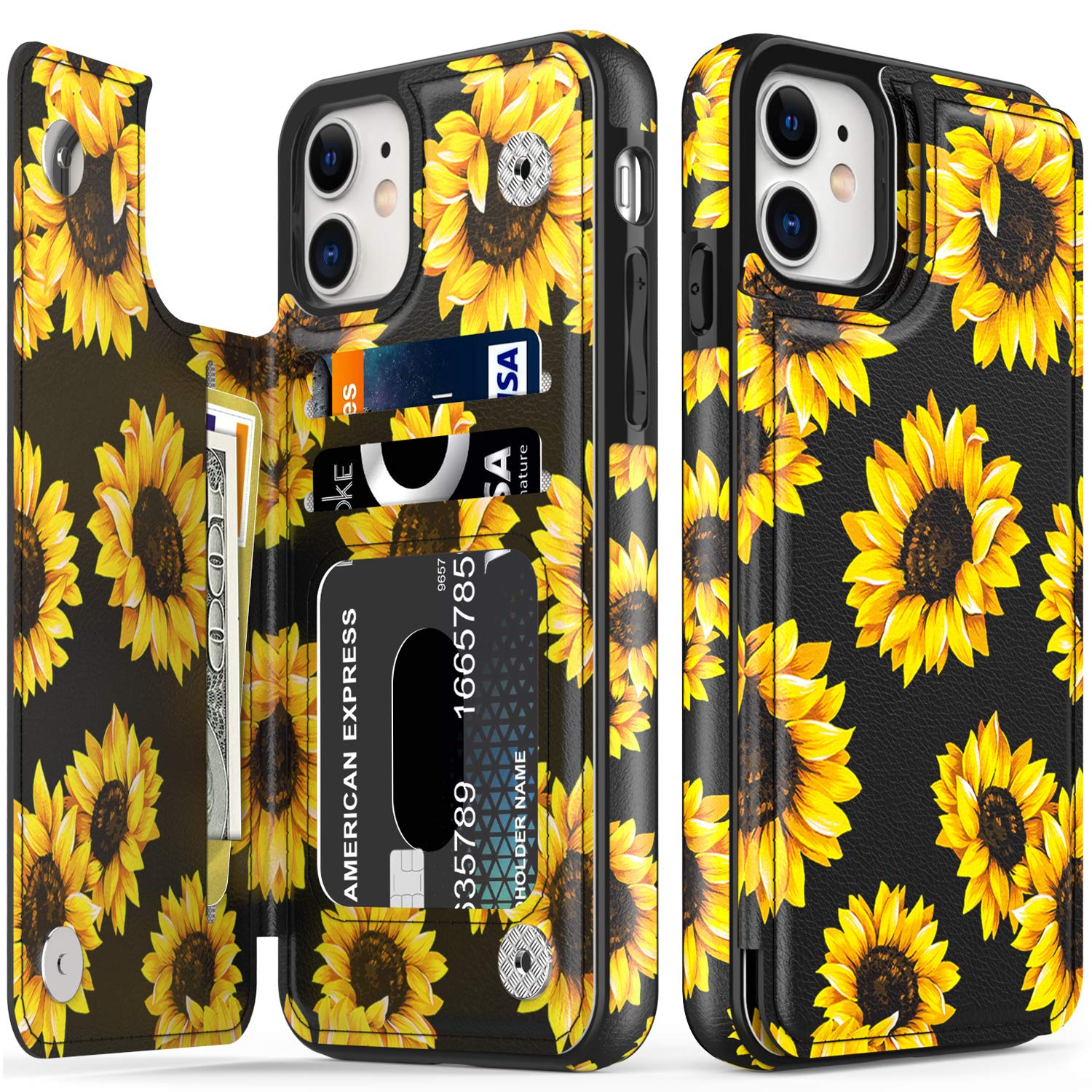 LETO iPhone 11 Case,Leather Wallet Case with Fashion Floral Flower Designs for Girls Women,with Kickstand Card Slots Cover,Protective Phone Case for Apple iPhone 11 6.1" Blooming Sunflowers