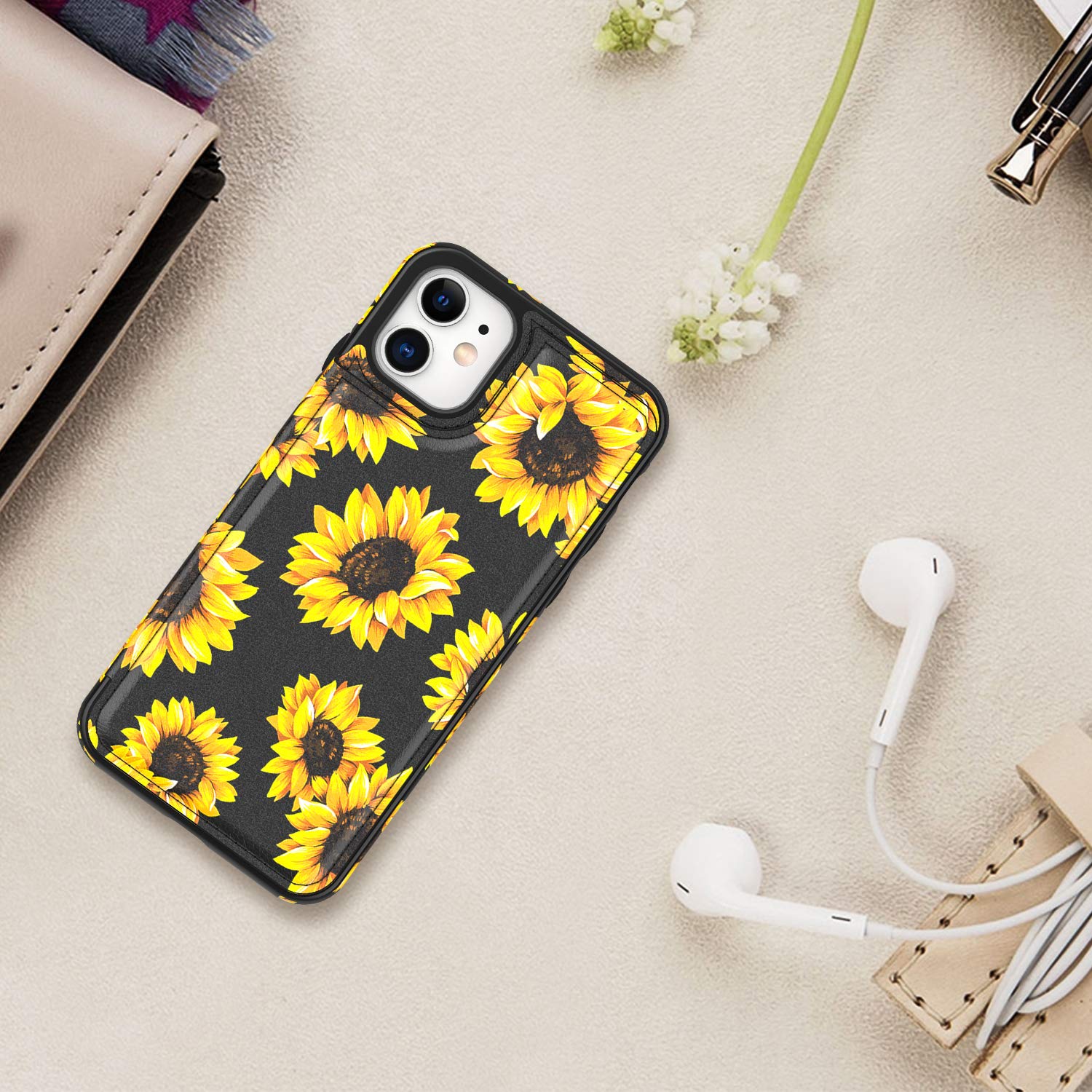 LETO iPhone 11 Case,Leather Wallet Case with Fashion Floral Flower Designs for Girls Women,with Kickstand Card Slots Cover,Protective Phone Case for Apple iPhone 11 6.1" Blooming Sunflowers