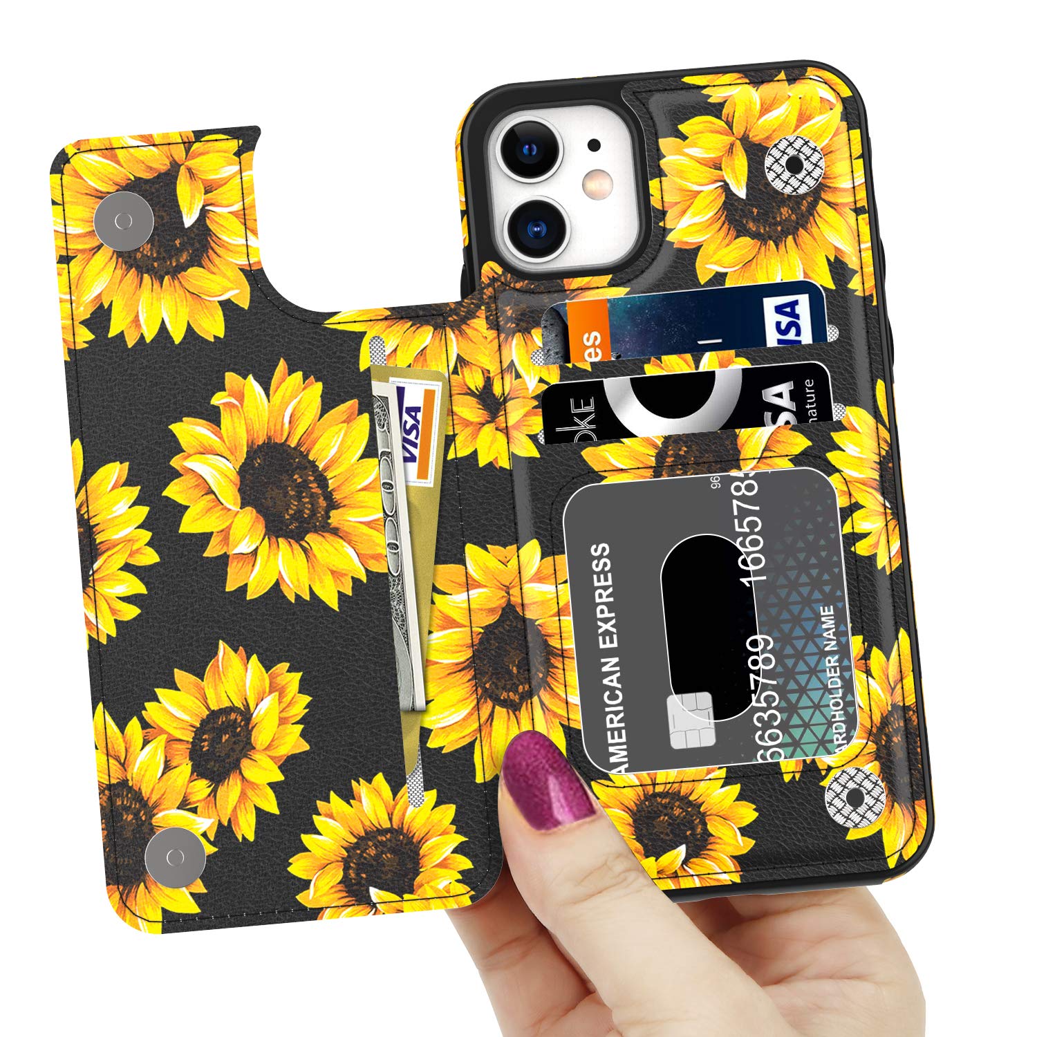 LETO iPhone 11 Case,Leather Wallet Case with Fashion Floral Flower Designs for Girls Women,with Kickstand Card Slots Cover,Protective Phone Case for Apple iPhone 11 6.1" Blooming Sunflowers