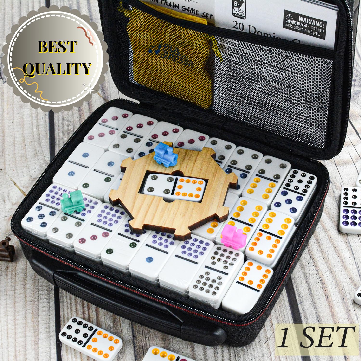 Bucher&Rossini Mexican Train Dominoes Set Double 15, 136 Colored dot Tiles with Hard EVA Carry Case for Kids & Adults Dominoes Board Game