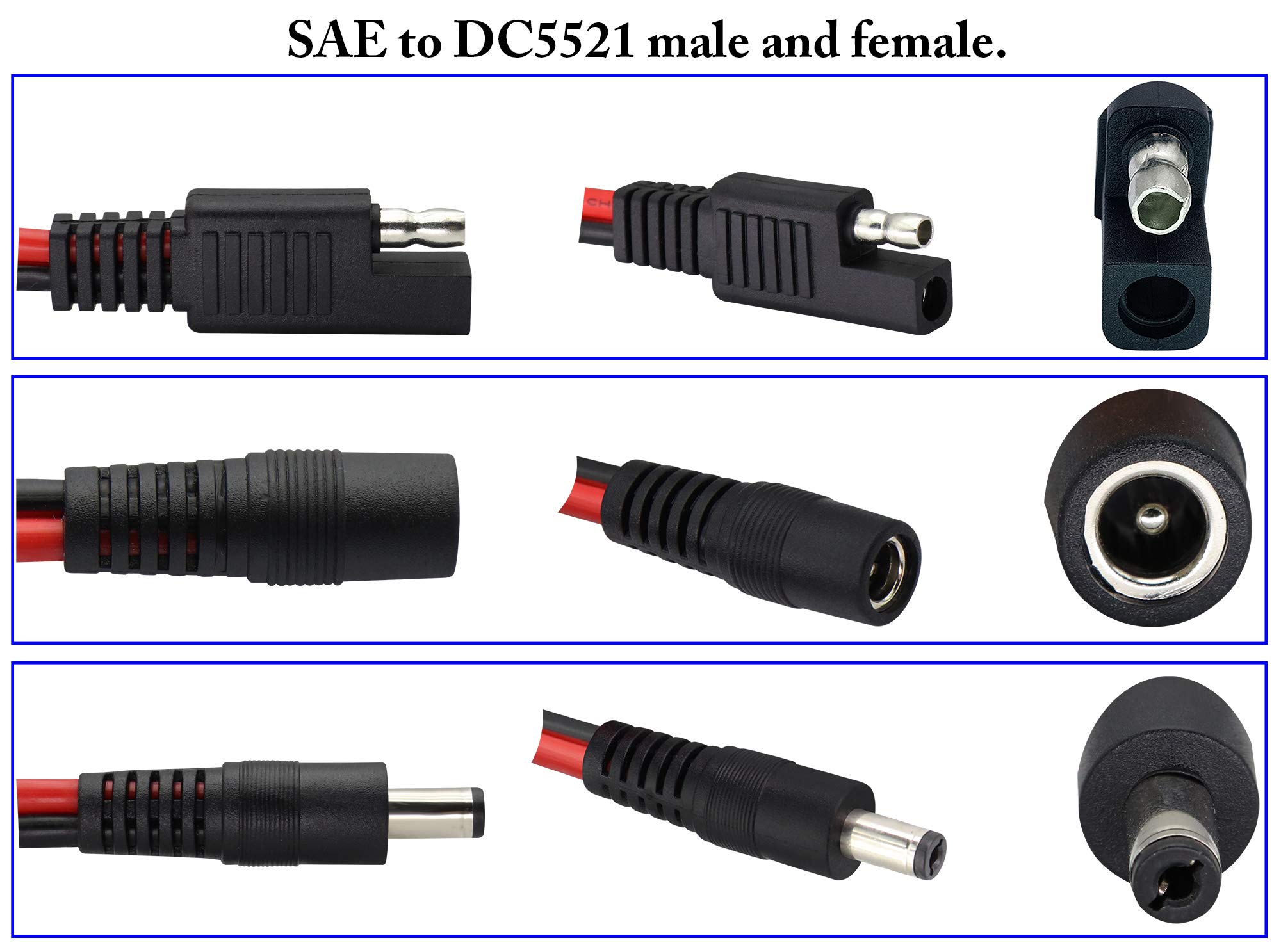 zdyCGTime SAE Plug to DC 5.5 x 2.1mm (Female and Male) Adapter Cable with SAE Polarity Reverse Adapter for Solar Panel Charger and Automotive RV Battery 14AWG (2ft/60cm)(1pair)