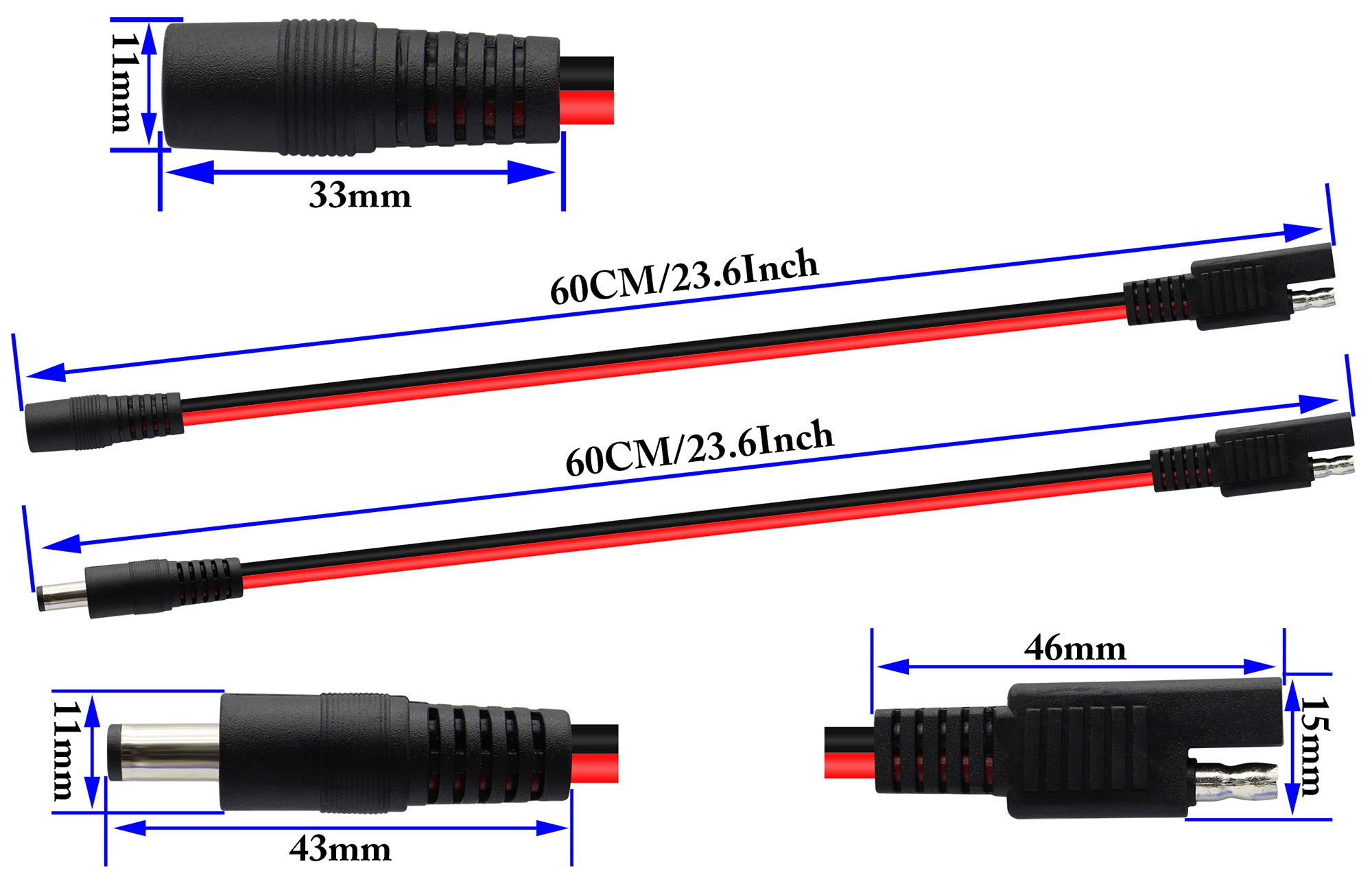 zdyCGTime SAE Plug to DC 5.5 x 2.1mm (Female and Male) Adapter Cable with SAE Polarity Reverse Adapter for Solar Panel Charger and Automotive RV Battery 14AWG (2ft/60cm)(1pair)