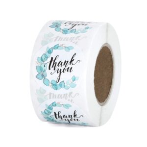 thank you stickers roll - 1.5 inch blue thank you stickers exquisite greenery turquoise pattern roll, 500 stickers per roll, thank you stickers for business gift bags envelopes journal stickers