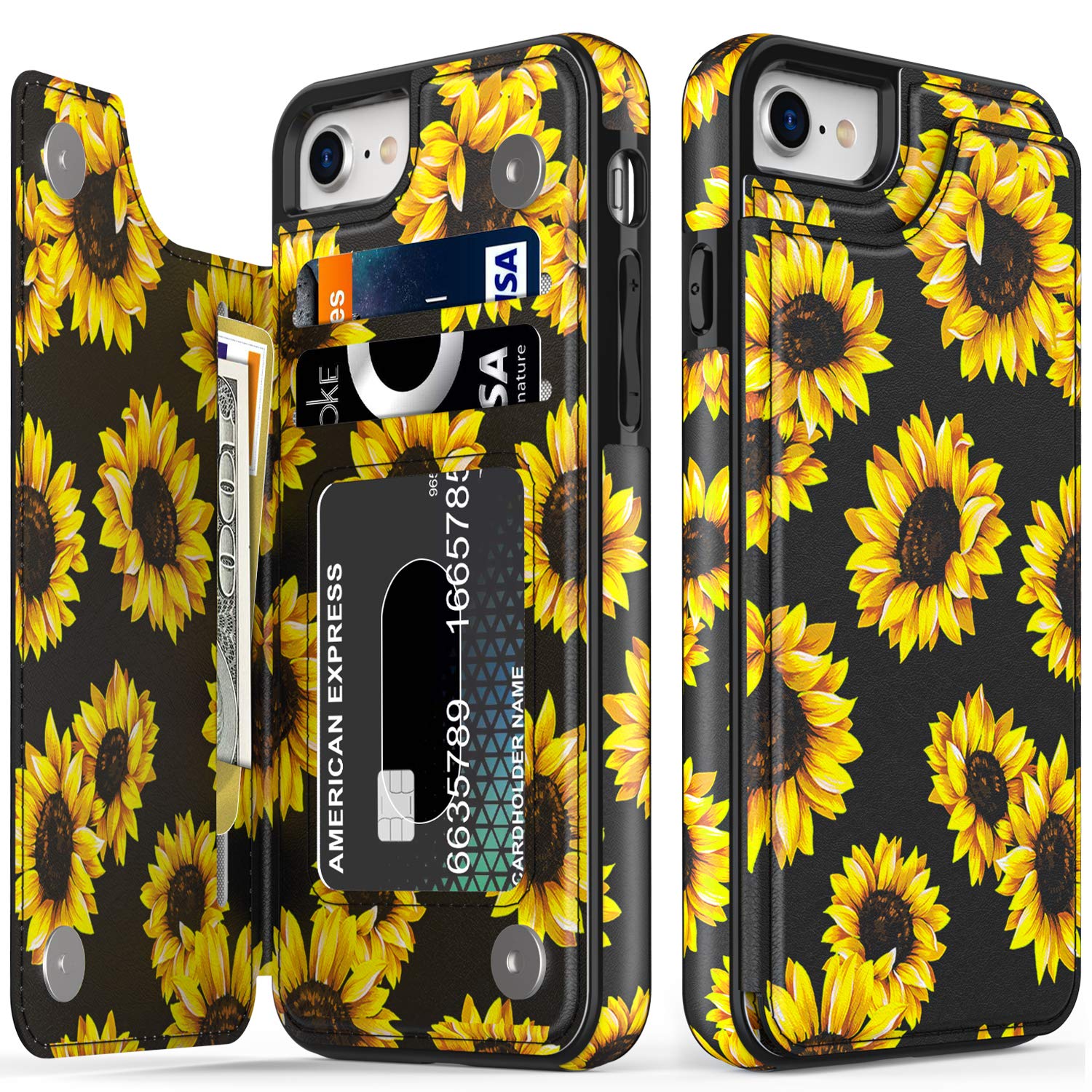 LETO iPhone SE 2022 Case,iPhone SE 2020 Case,iPhone 7 Case,iPhone 8 Case,Leather Wallet Case with Flower Designs for Girls Women,Protective Phone Case for iPhone 7/8/SE 2020/2022 Blooming Sunflowers