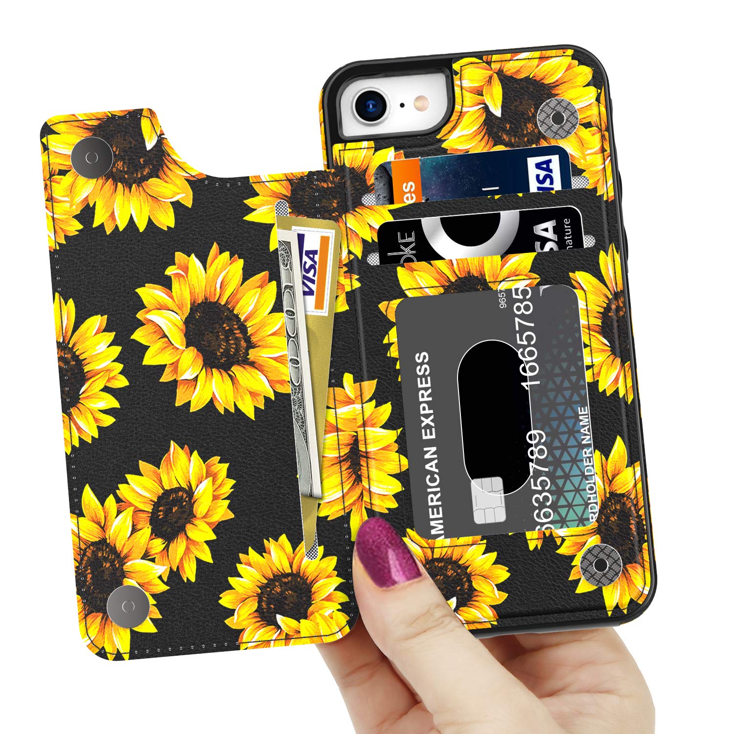 LETO iPhone SE 2022 Case,iPhone SE 2020 Case,iPhone 7 Case,iPhone 8 Case,Leather Wallet Case with Flower Designs for Girls Women,Protective Phone Case for iPhone 7/8/SE 2020/2022 Blooming Sunflowers