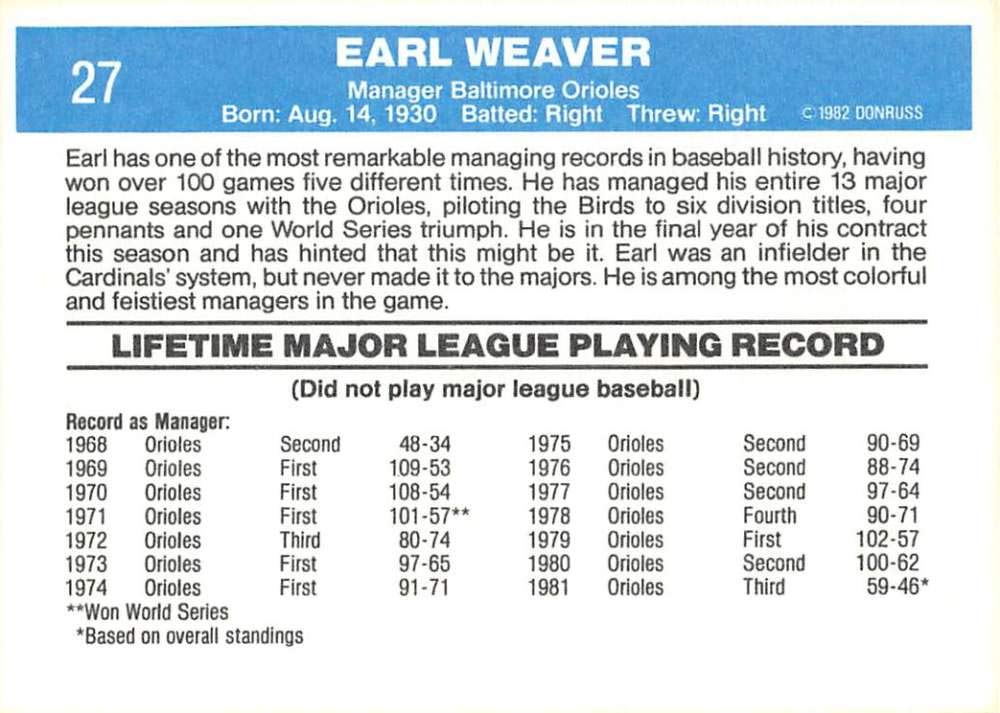 1982 Donruss Baseball #27 Earl Weaver Baltimore Orioles MG Manager Offical MLB Major League Baseball Trading Card