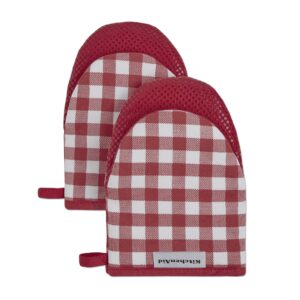 kitchenaid gingham cotton mini oven mitt 2-pack set, passion red, 5.5"x8"