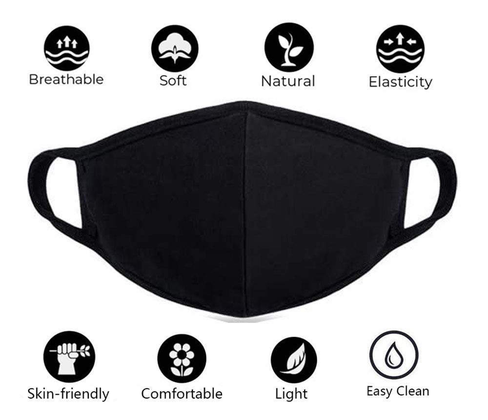 comfso 8 Pack Organic Cotton Face Cover Washable and Reusable - Black Travel Face Mask, Mouth Protection Cloth Masks with Nose Bridge Wire - Soft Fabric for Women Men Outdoor