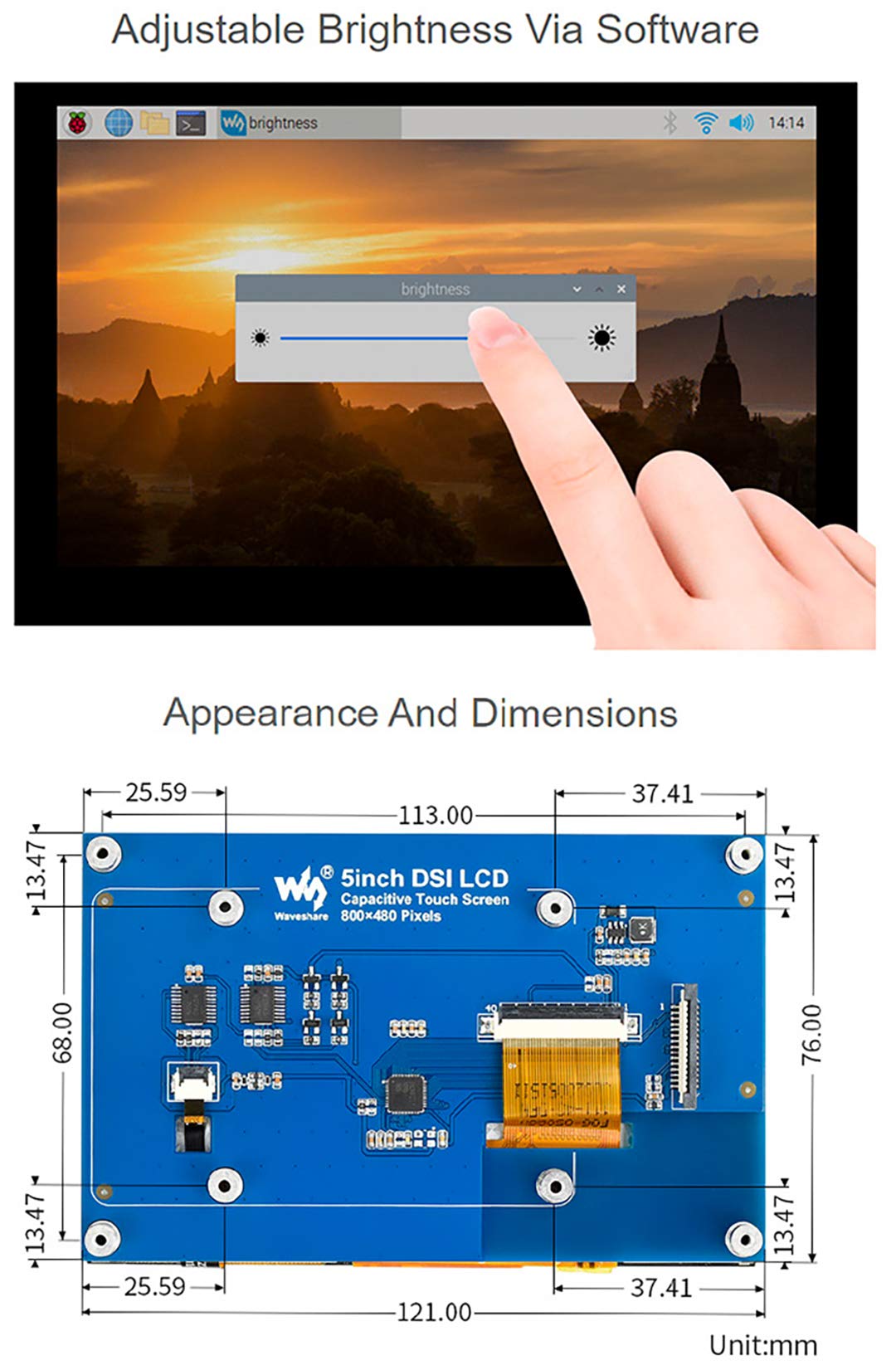 waveshare Compatible with Raspberry Pi Touchscreen 5inch DSI LCD Touch Screen 800×480 Resolution TFT LCD Display Monitor for Raspberry Pi Model 4B/3B+/3A+/3B/2B/B+/A+,CM3/3+