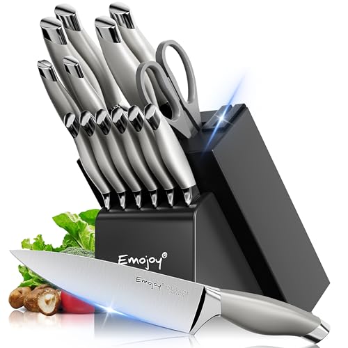 Emojoy Knife Set with Block, 15 Pieces Kitchen Knife Set with Built-in Sharpener, German Stainless Steel Sharp Chef Knife Set with Hollow Handle, Dishwasher Safe and Rust Proof