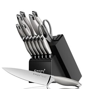 Emojoy Knife Set with Block, 15 Pieces Kitchen Knife Set with Built-in Sharpener, German Stainless Steel Sharp Chef Knife Set with Hollow Handle, Dishwasher Safe and Rust Proof