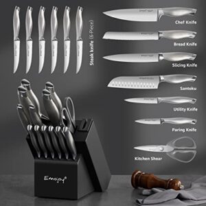 Emojoy Knife Set with Block, 15 Pieces Kitchen Knife Set with Built-in Sharpener, German Stainless Steel Sharp Chef Knife Set with Hollow Handle, Dishwasher Safe and Rust Proof