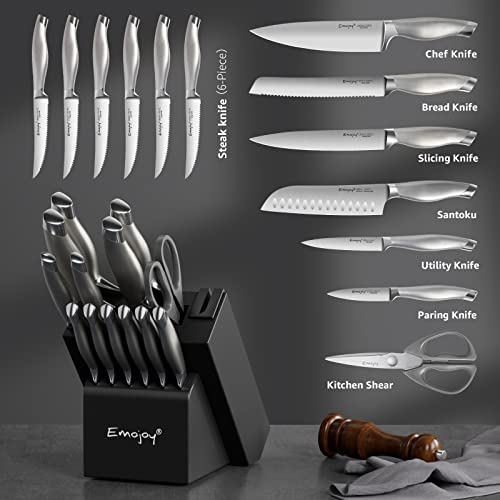 Emojoy Knife Set with Block, 15 Pieces Kitchen Knife Set with Built-in Sharpener, German Stainless Steel Sharp Chef Knife Set with Hollow Handle, Dishwasher Safe and Rust Proof