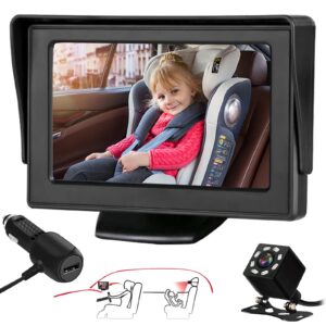 baby car mirror, baby car camera monitor with 4.3'' hd night vision display and the car seat camera for baby rear facing with wide clear view to easily observe the baby's move while driving, samfiwi