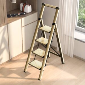 GameGem 4 Step Ladder, Folding Step Stool with Anti-Slip and Wide Pedal, Gold Ladder with Handgrip, Lightweight Aluminum Space Saving Stepladder for Home and Kitchen, 330 lbs Capacity