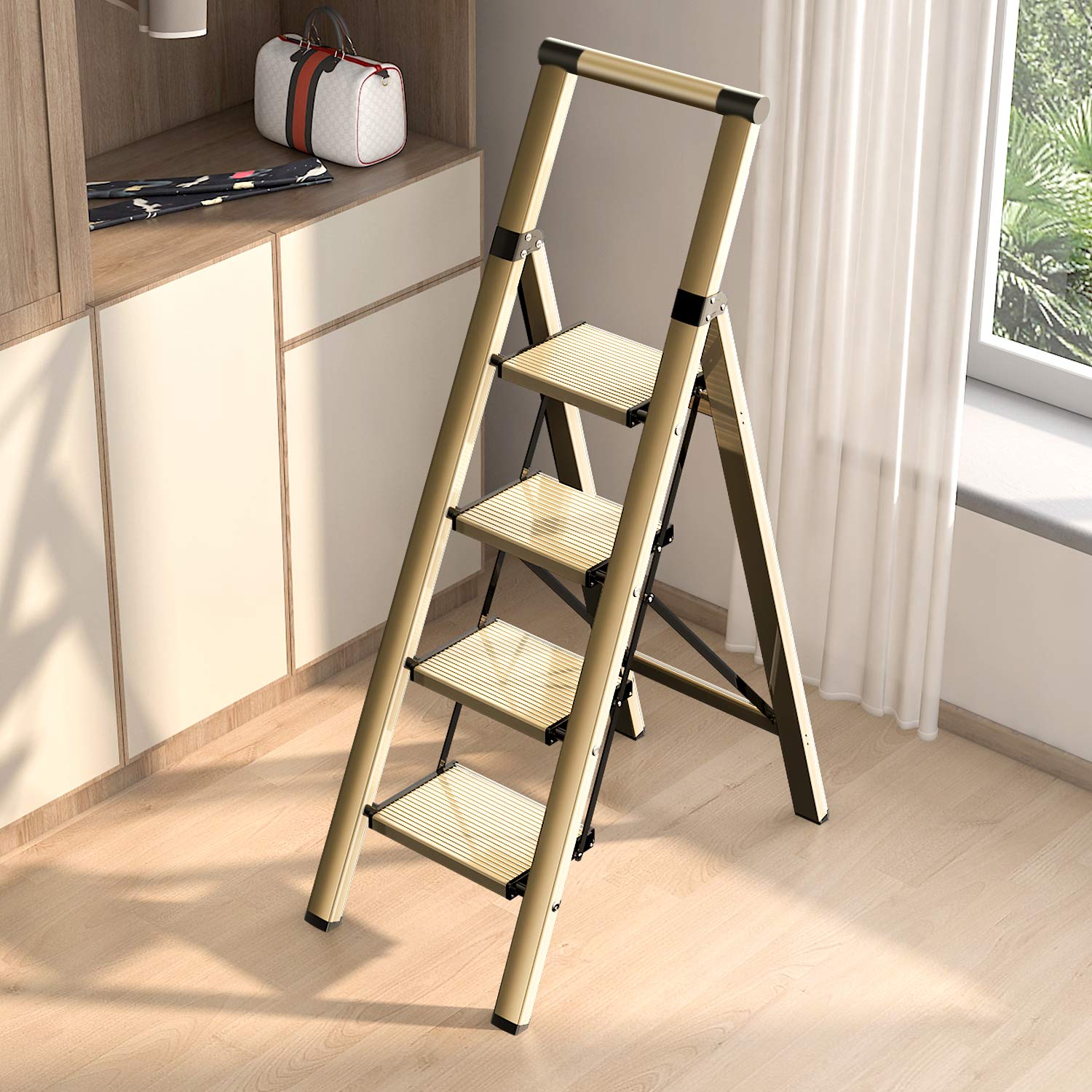 GameGem 4 Step Ladder, Folding Step Stool with Anti-Slip and Wide Pedal, Gold Ladder with Handgrip, Lightweight Aluminum Space Saving Stepladder for Home and Kitchen, 330 lbs Capacity