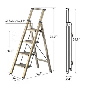 GameGem 4 Step Ladder, Folding Step Stool with Anti-Slip and Wide Pedal, Gold Ladder with Handgrip, Lightweight Aluminum Space Saving Stepladder for Home and Kitchen, 330 lbs Capacity