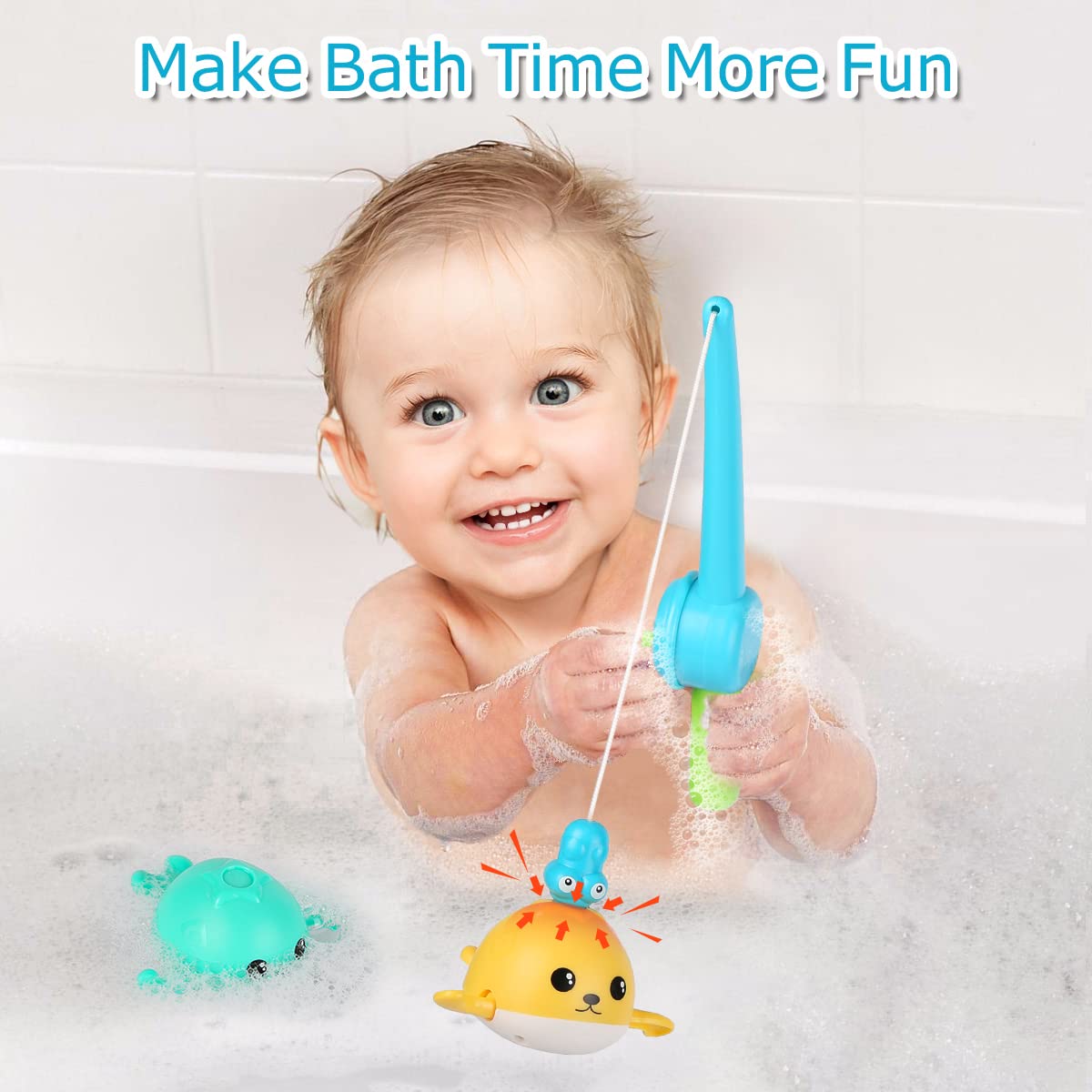 KINDIARY Bath Toys, Magnetic Fishing Games with Wind-up Swimming Whales, Water Table Pool Fun Time Bathtub Tub Toy for Toddlers Baby Kids Infant Girls Boys Age 1 2 3 4 5 6 Years Old