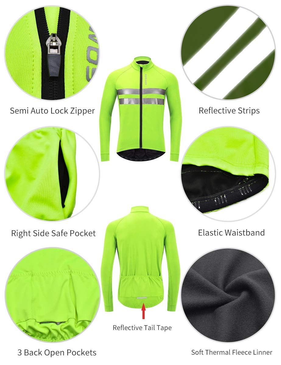 WOSAWE Men's Thermal Fleece Cycling Jacket Winter Biking Jersey Long Sleeves Reflective Bike Outfit, Green XL