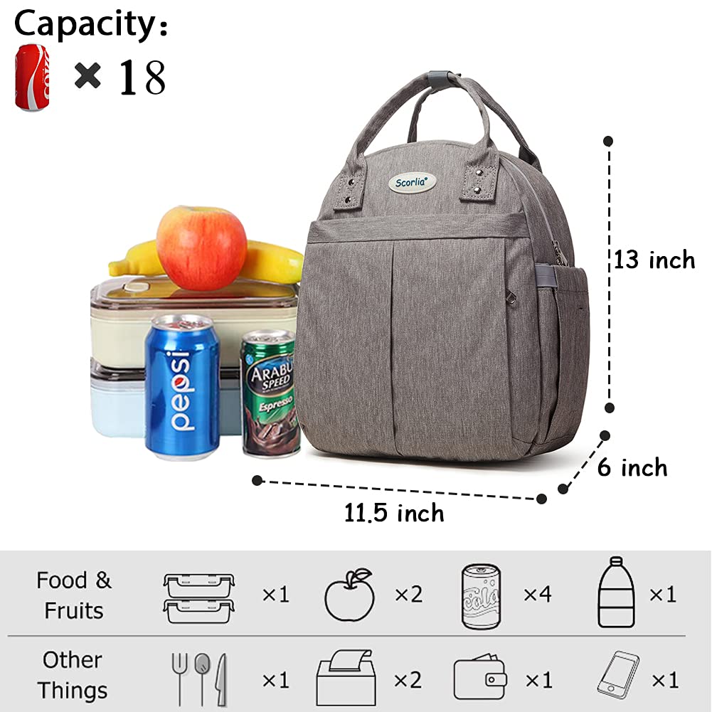 Scorlia Insulated Lunch Bag Cooler Backpack, Convertible Lunch Tote with Side pockets, Tall Reusable lunch Box Container with Drinks Holder for Work, Office, Beach, Picnic-Grey