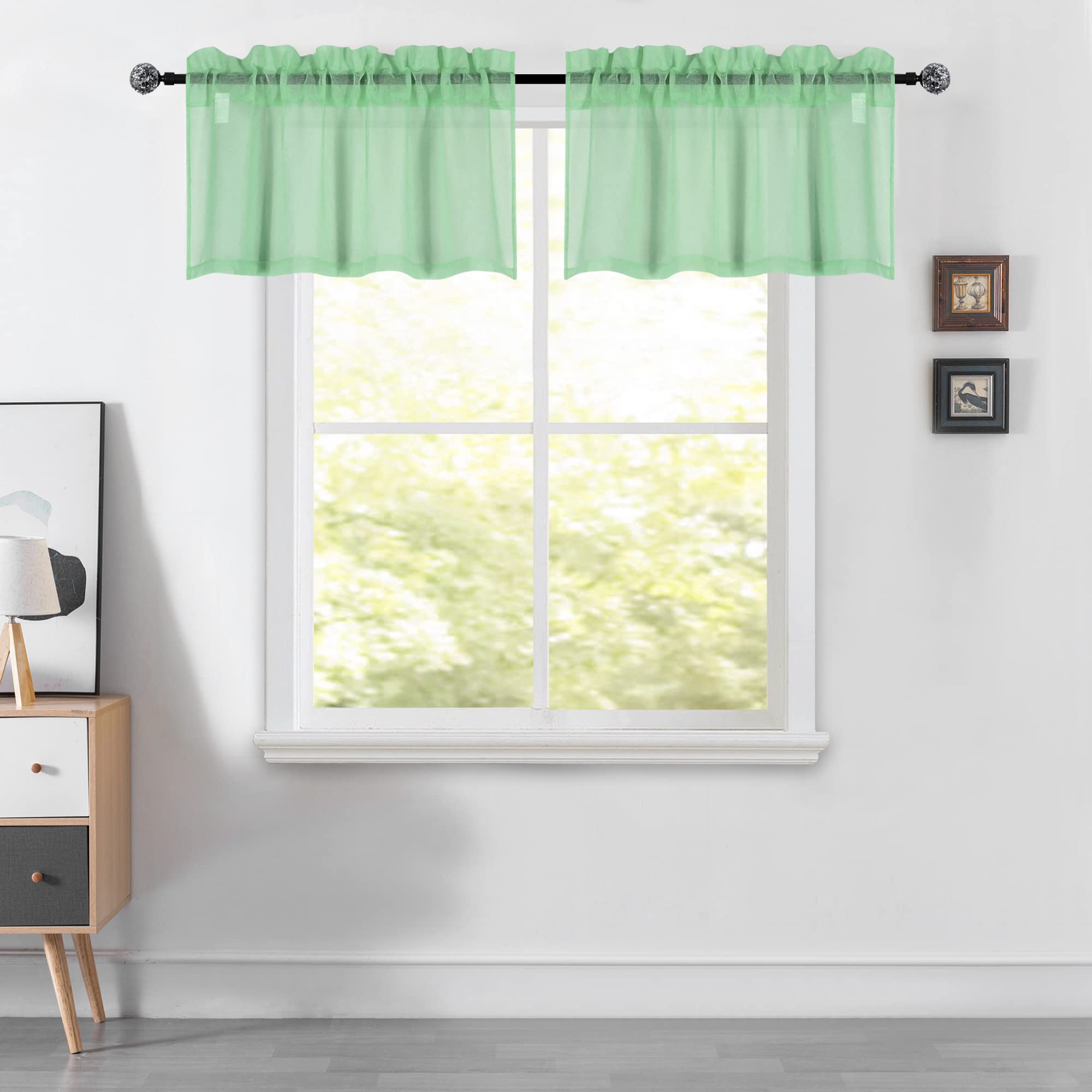 DUALIFE Mint Green Sheer Valances for Windows 52 Inches Wide 18 Inches Long - 2 Panels Light Filtering Voile Window Valances for Basement with Rod Pocket