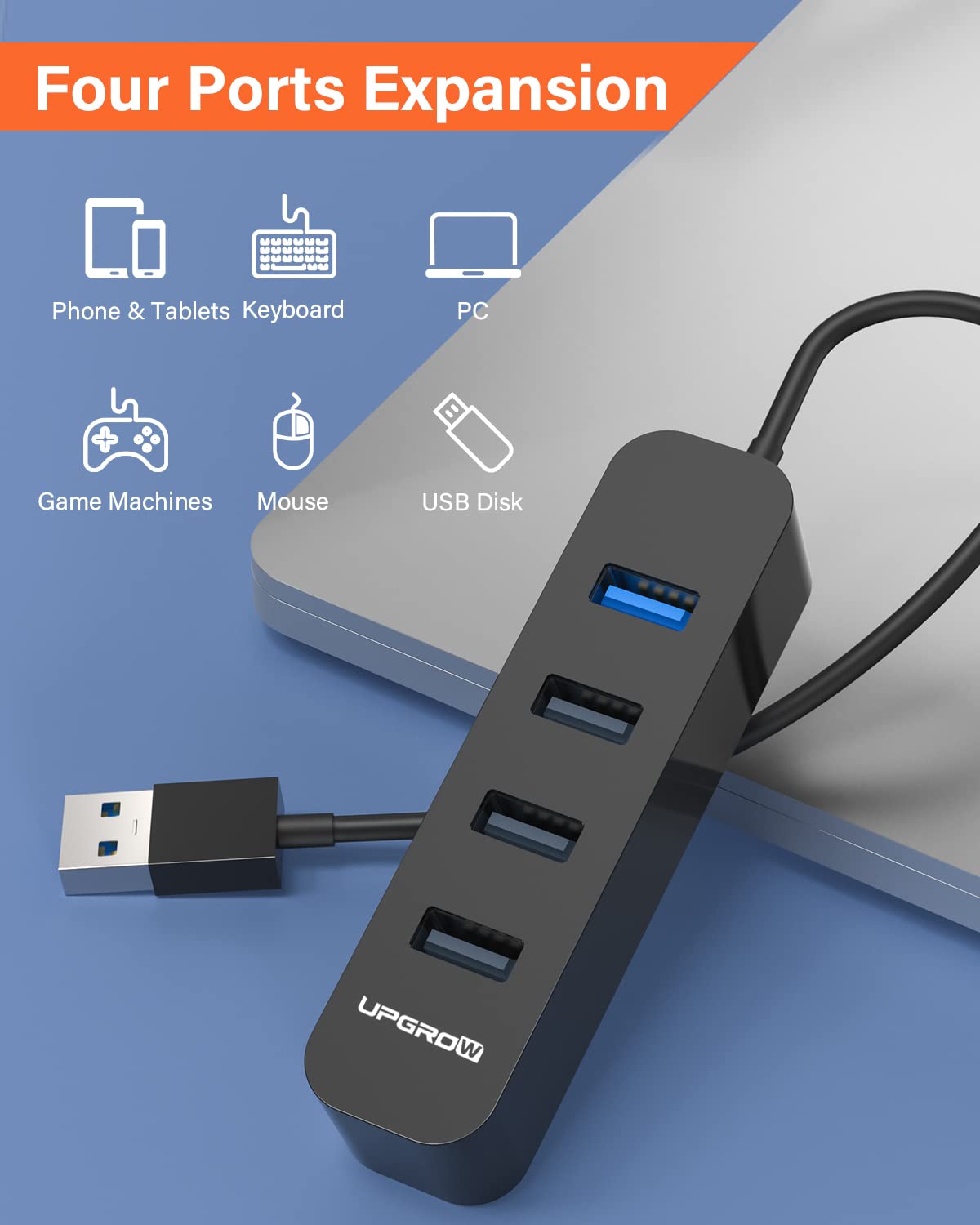 Upgrow USB 3.0 Hub 4-Port USB Hub with 5 Gbps USB Splitter for Laptop MacBook Mac Pro Mac Mini iMac Surface Pro XPS PC Flash Drive Mobile HDD-Black