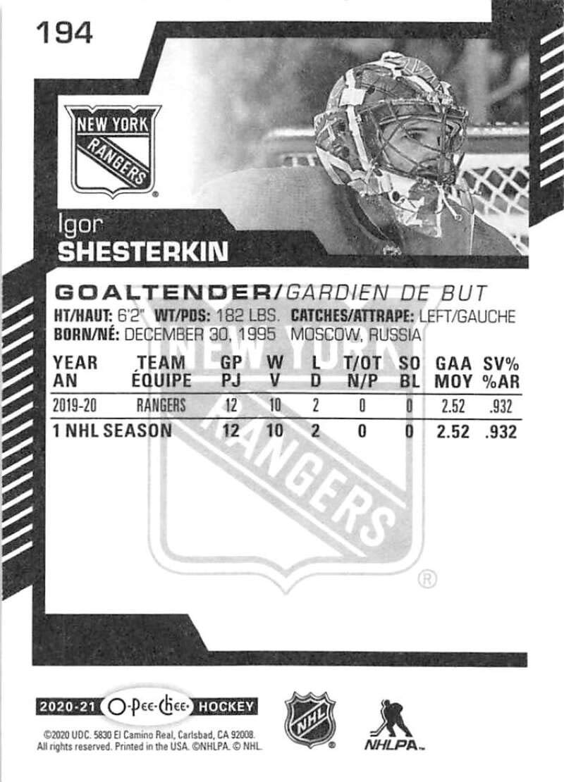 2020-21 O-Pee-Chee Hockey #194 Igor Shesterkin New York Rangers Official NHL Trading Card From The Upper Deck Company