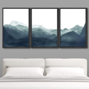 SIGNWIN Framed Canvas Print Wall Art Blue & Green Mountains in Fog Nature Wilderness Illustrations Modern Art Rustic Scenic Relax/Calm Cool for Living Room, Bedroom, Office - 16"x24"x3 Black