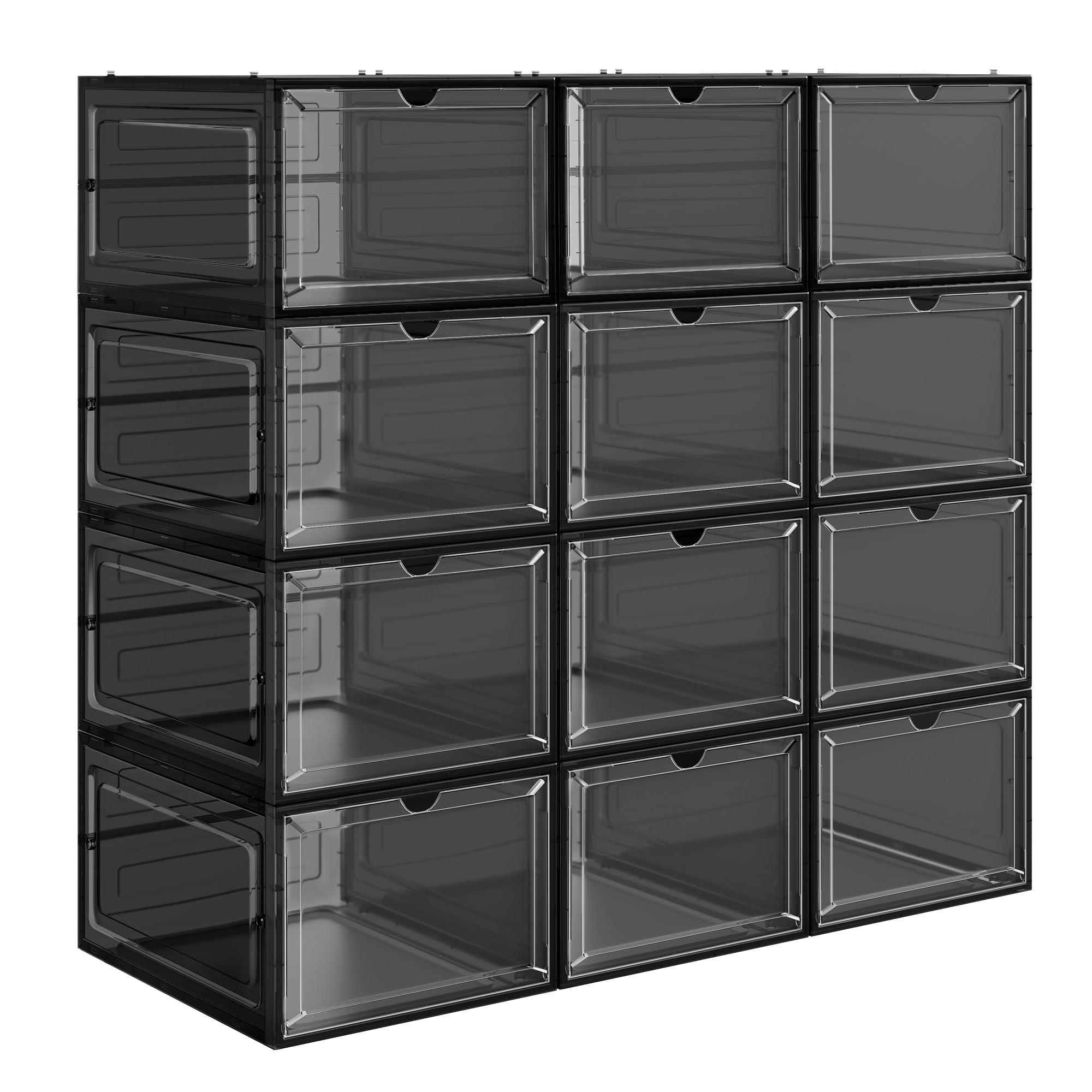 SONGMICS Shoe Boxes, Clear Shoe Organizers, Set of 12, Plastic Shoe Storage with Clear Door, Easy Assembly, up to US Size 12, Black ULSP032B12