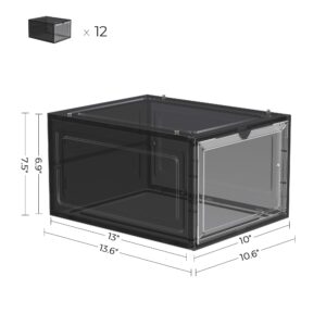 SONGMICS Shoe Boxes, Clear Shoe Organizers, Set of 12, Plastic Shoe Storage with Clear Door, Easy Assembly, up to US Size 12, Black ULSP032B12